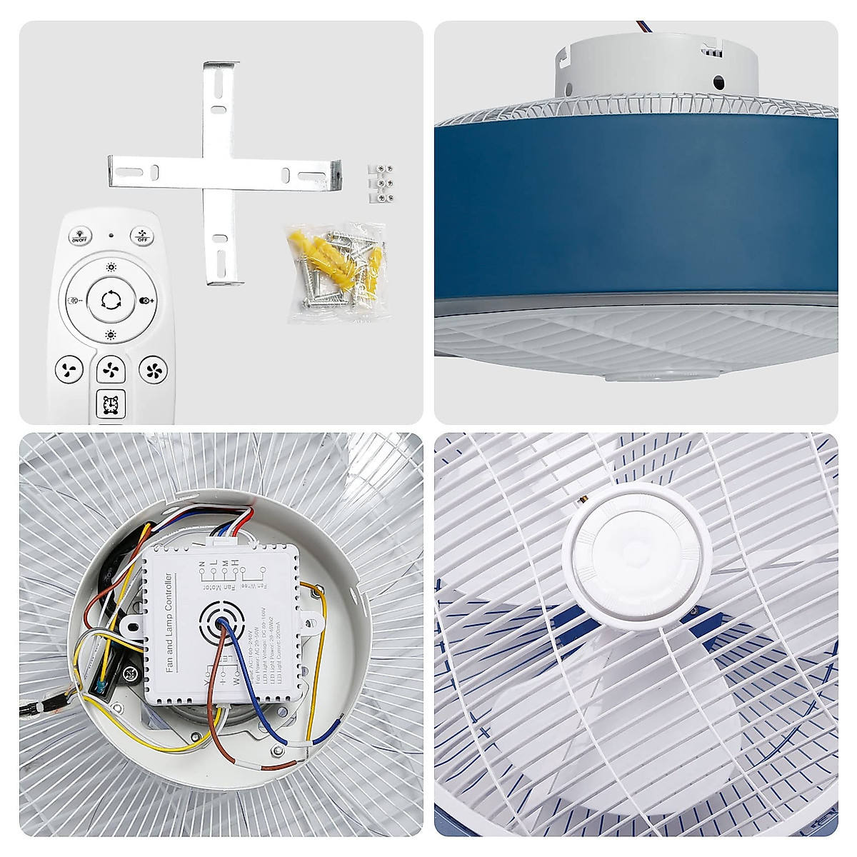 TC-Home Ceiling Fan with LED Light Invisible Blades 22 inches Morden Blue Lighting Color Changing Close to Ceiling Chandelier Fan