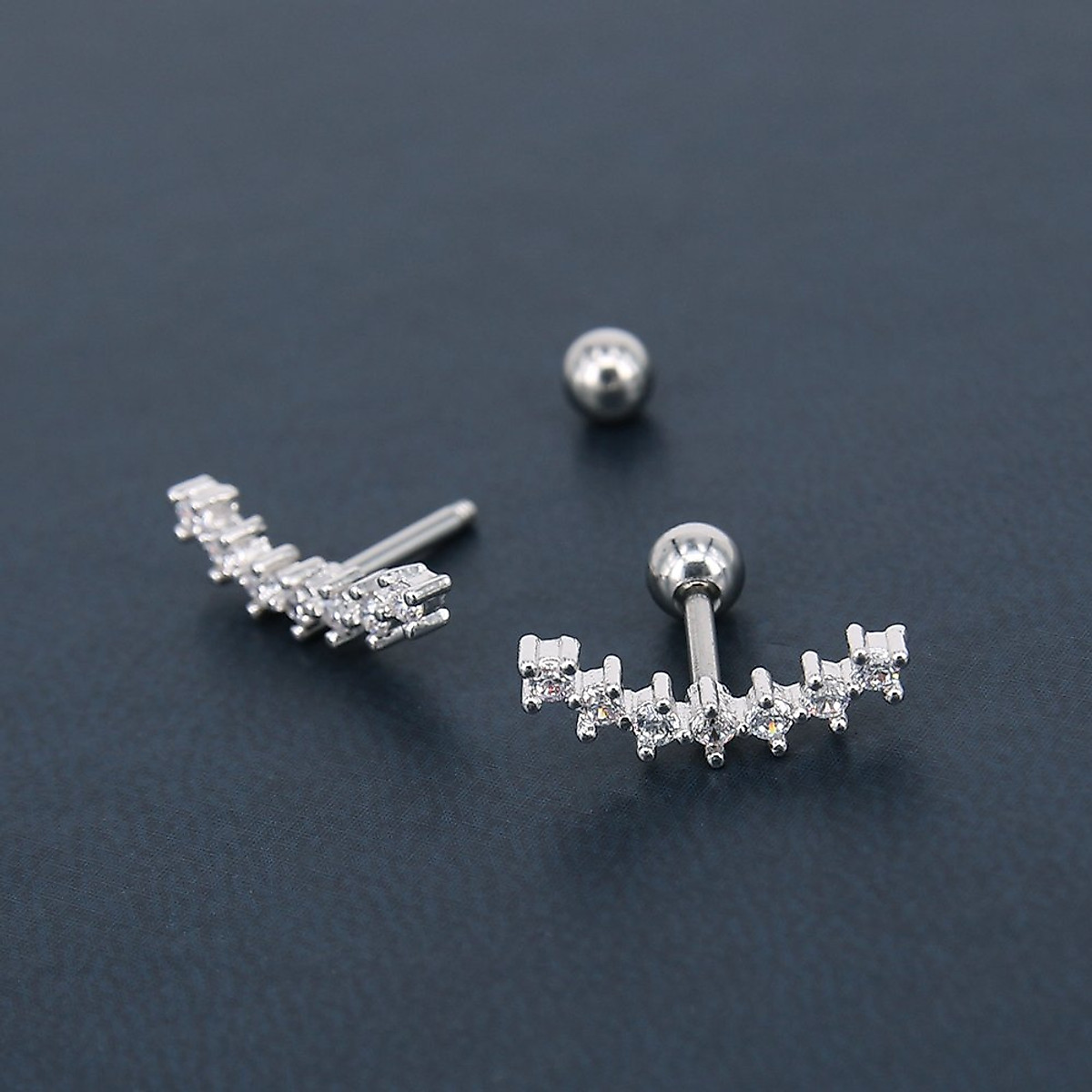 ZS Curve Seven Stud CZ Stud Earrings 316L Stainless Steel Ear Helix Conch Cartilage Piercing (White)