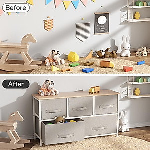 Pipishell Fabric Dresser, Dresser for Bedroom with 5 Drawers, Wide Dresser Storage Tower Organizer Unit with Wood Top and Easy Pull Handle for Closets, Living Room, Nursery Room, Hallway（Light Grey）