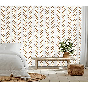 HAOKHOME 96101-3 Boho Peel and Stick Wallpaper Brush Strokes Stripes Removable Terracotta/White Chevron Vinyl Self Adhesive Mural 17.7in x 9.8ft