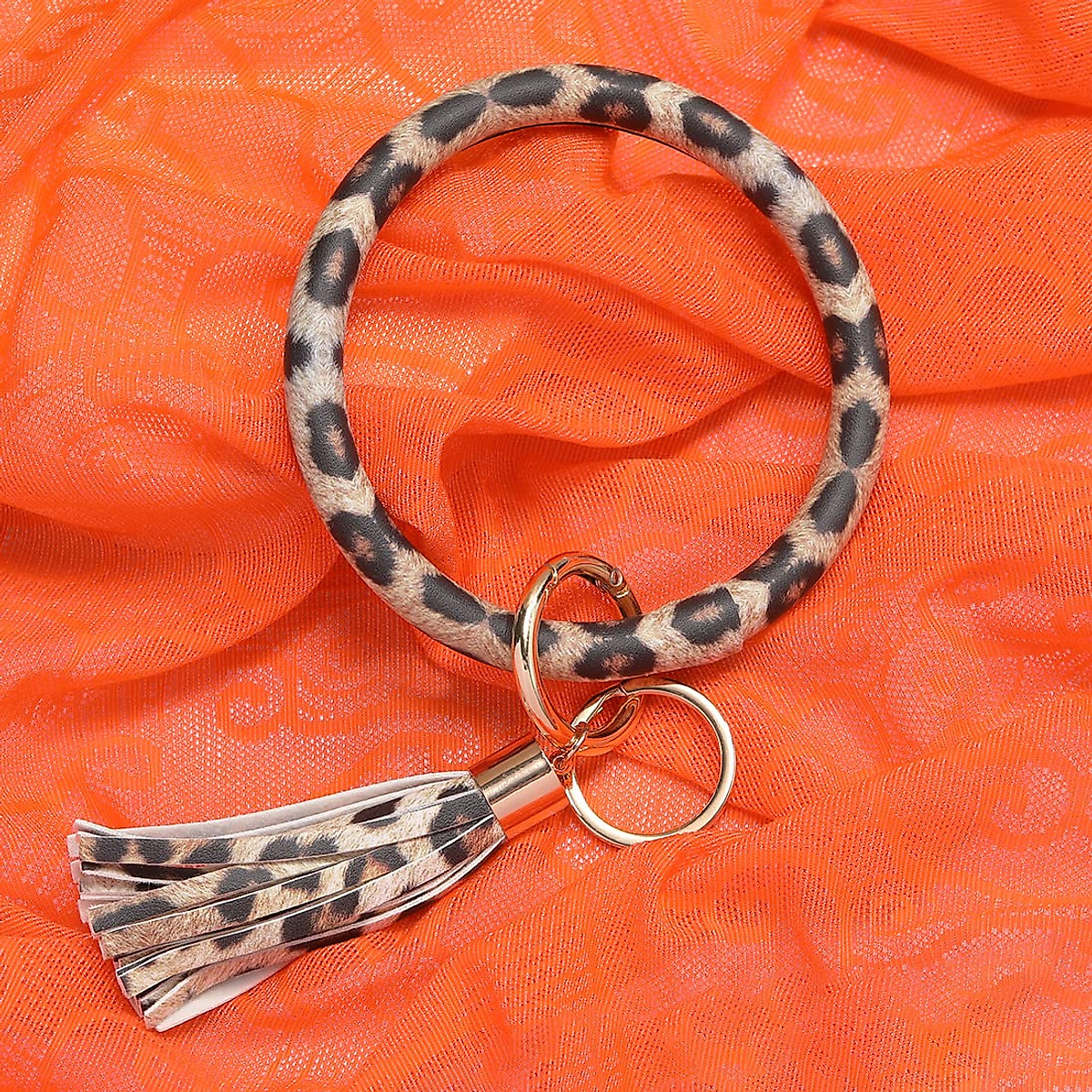Coolcos Key Ring Bracelets Wristlet Keychain Bangle Keyring - Large Circle Leather Tassel Bracelet Holder For Women Gift (A Leopard)