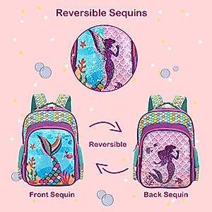 HAPPYSUNNY Mermaid Backpack for Girls Age 6-8 with Reversible Sequins 16 Inch School Bookbags for Kids Children 5-10 Years Old Preschool Elementary Kindergarten with Chest Strap