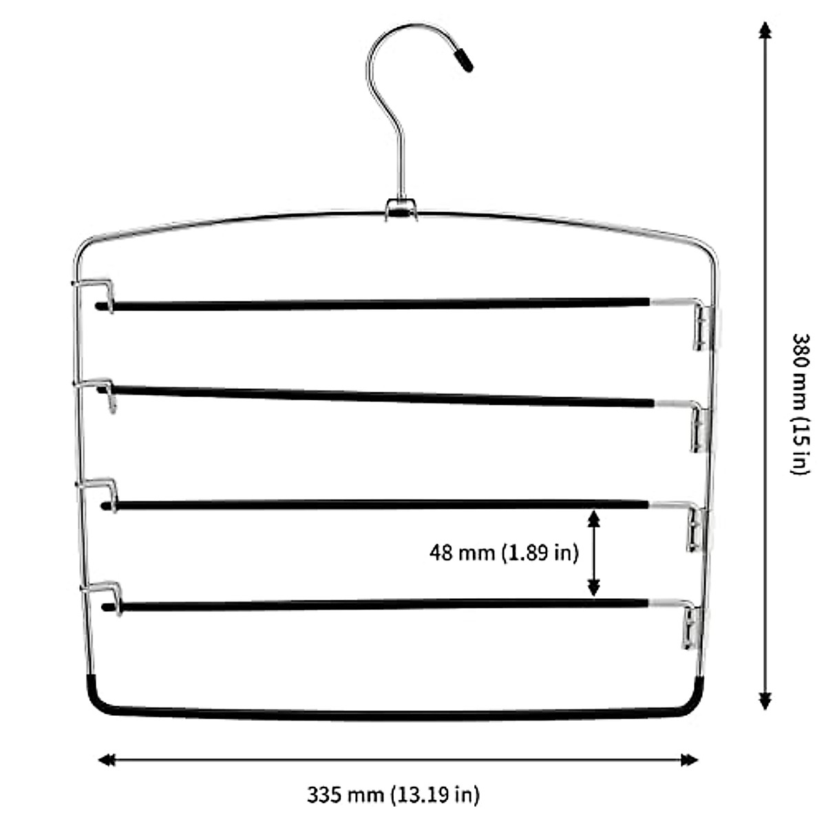 JAPCHET 6 Pack Pants Hangers Non Slip Space Saving Pants Hangers 5 Layers Stainless Steel Pants Hangers Swing Arm Space Saver Clothing Hangers Closet Organizer for Scarfs Trousers Ties, Black