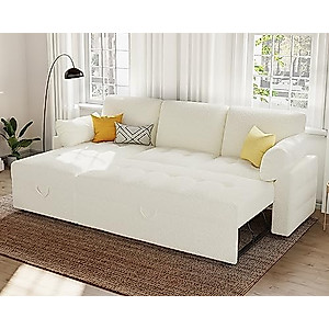 VanAcc Pull Out Sofa Bed, Modern Tufted Convertible Sleeper Sofa, Boucle Sleeper Sectional Couch Bed with Storage Chaise, L Shaped Sofa Couch for Living Room (White)