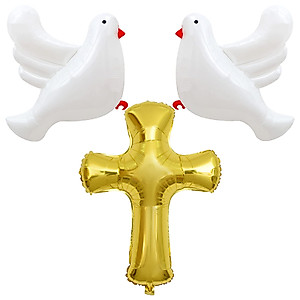 6Pcs Gold Cross Shape Balloons White Doves Balloons Large Baptism Party Helium Foil Balloons for First Communion God Bless Christening Memorial Theme Birthday Wedding Party Decorations Supplies