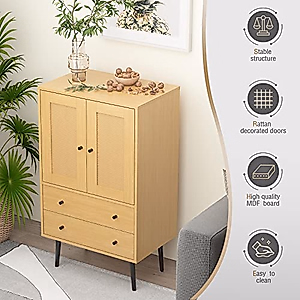 Hcman Sideboard Buffet Cabinet with Storage, Rattan Cabinet with Wooden Legs & 2 Drawers for Entryway, Living Room, Kitchen, Dining Room