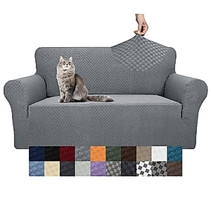 YEMYHOM Couch Cover Latest Jacquard Design High Stretch Sofa Covers for 2 Cushion Couch, Pet Dog Cat Proof Loveseat Slipcover Non Slip Magic Elastic Furniture Protector (Loveseat, Light Gray)