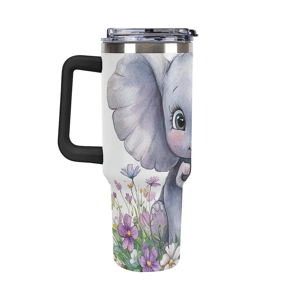 40 Oz Cute Baby Elephant Insulated Stainless Steel Tumbler with Handle & Straw Lid, Reusable Travel Cupholder Friendly Mug for Coffee, Water, Tea