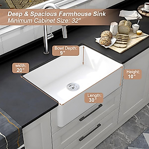 HOROW HRSW Farmhouse Kitchen Sink, 30 x 20 Single Bowl Sink with Bottom Grid & Strainer,Large Apron-front Ceramic Porcelain Sink Basin, 20"D x 30"W x 10"H, White