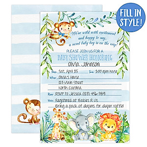 Boy Jungle Safari Baby Shower Invitations - Safari Animal Invitation - 20 Fill-In Invitations - Blue Boy Baby Shower Party - Monkey, Lion, Elephant, Giraffe - Envelopes Not Included