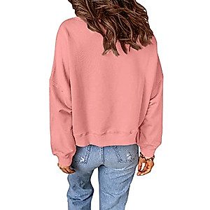 Womens Casual Long Sleeve Sweatshirts Button Up V Neck Sweatshirt Loose Solid Pullover Tops Pink