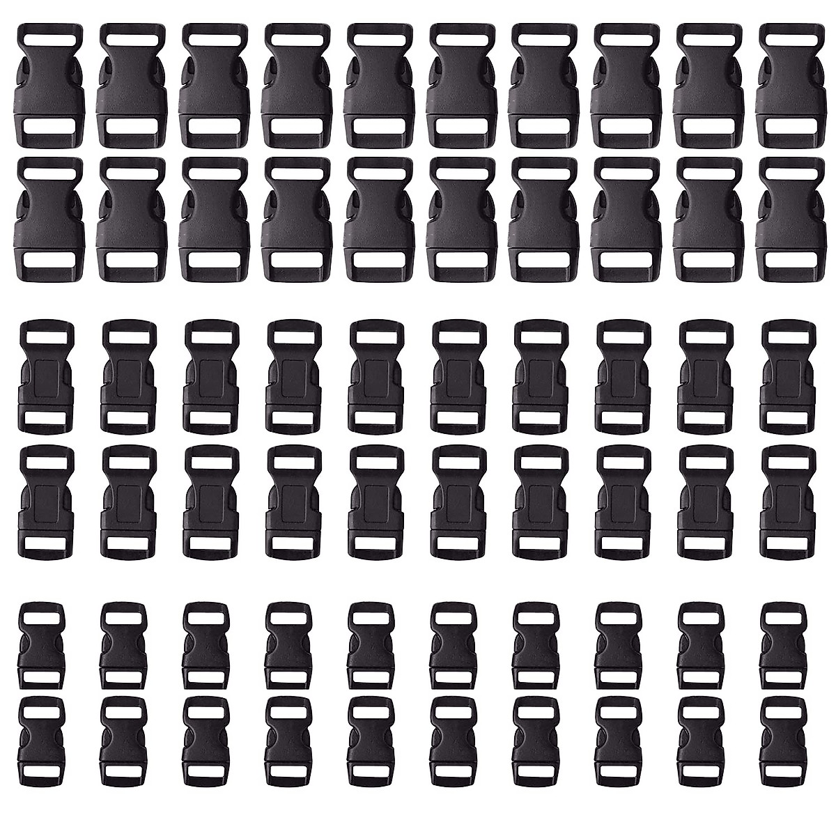 5/8, 1/2, and 3/8 inch(20 Each) Black Plastic Contoured Side Release Buckles for Paracord Bracelets-60pcs