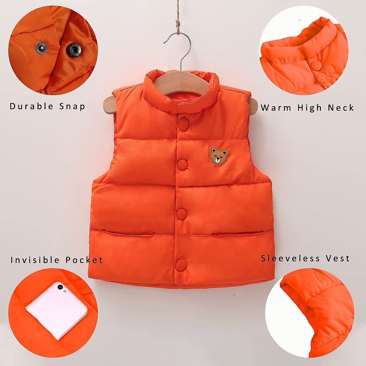 LANDUNSI Baby Boys Girls Puffer Vest Winter Warm Lightweight Toddler Vest Outerwear High Neck Cute Sleeveless Jacket Orange