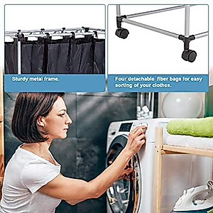 4 Laundry Sorter with Baskets Large Laundry Hamper Sorter Canvas Rolling Laundry Sorter Cart with Wheels 4-Bag Heavy Duty Removable Bags Brake Casters Organizer for Laundry Room Silver Plating,Black