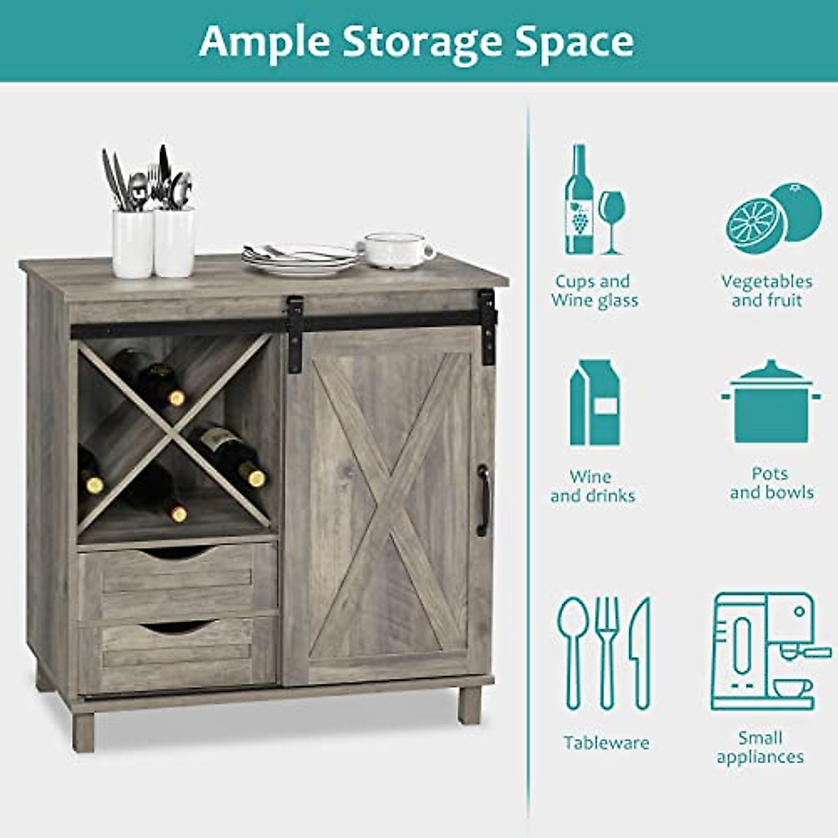 VINGLI Farmhouse Barn Door Wine Liquor Cabinet Home Coffee Bar Furniture w/Removable X-Shaped Wine Rack, Rustic Mini Buffet Sideboard Accent Storage Cabinet with 2 Drawers (Wash Grey)