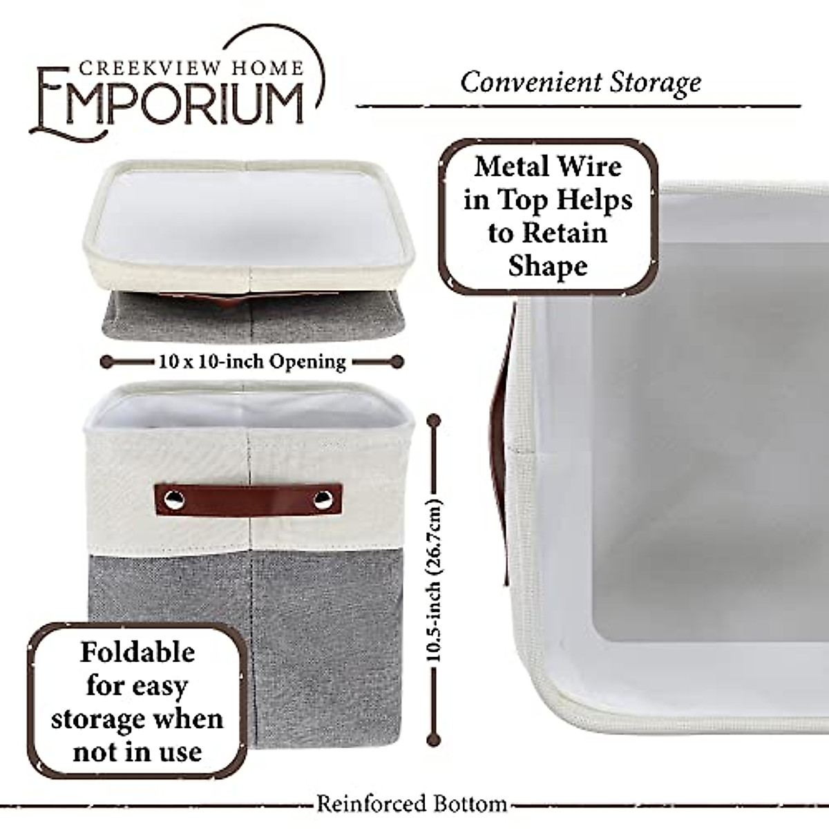 CreekView Home Emporium Fabric Cube Storage Bins 4 Pack - 10 x 10in White/Gray Foldable Storage Cubes for Organization