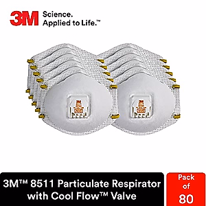 3M 8511 Particulate Disposable Respirator, N95, Pack of 80, Cool Comfort and Fewer Pressure Points with Dual Point Attachment for Grinding, Sanding, Sawing, Sweeping, Dust, Smoke