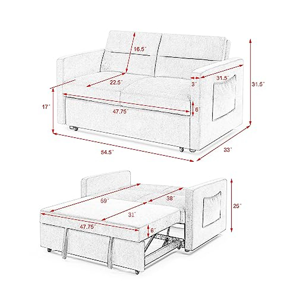 Verfur 3 in 1 Pull Out Couch Bed Sleeper Sofa,Modern Upholstered Loveseat Lounge Sofa & Couches w/Reclining Backrest, Convertible Futon Love Seat Small Furniture for Living Room