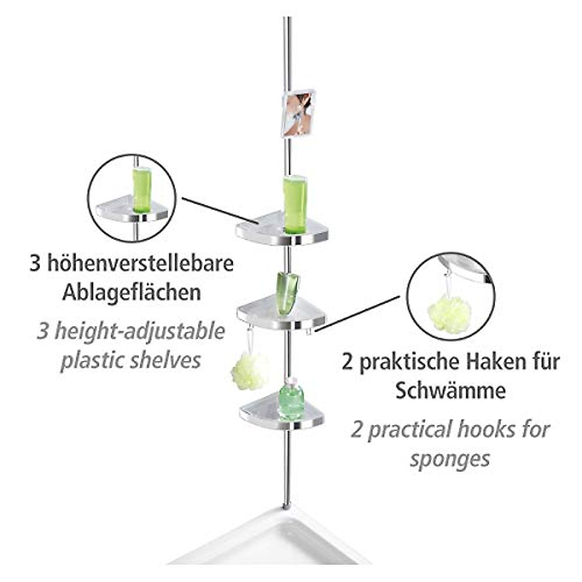 WENKO 22124100 Telescopic Shower Corner Element Premium, 10.8 x 27.6-102.4 x 7.9 inch, Shiny