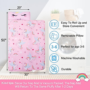 Unicorn Nap Mats for Preschool Daycare Toddler Nap Mat for Girls Daughter Kids Nap Mat with Pillow and Blanket - Christmas Birthday Gifts for Kids Granddaughter Kindergarten Travel Napping,50"x20"