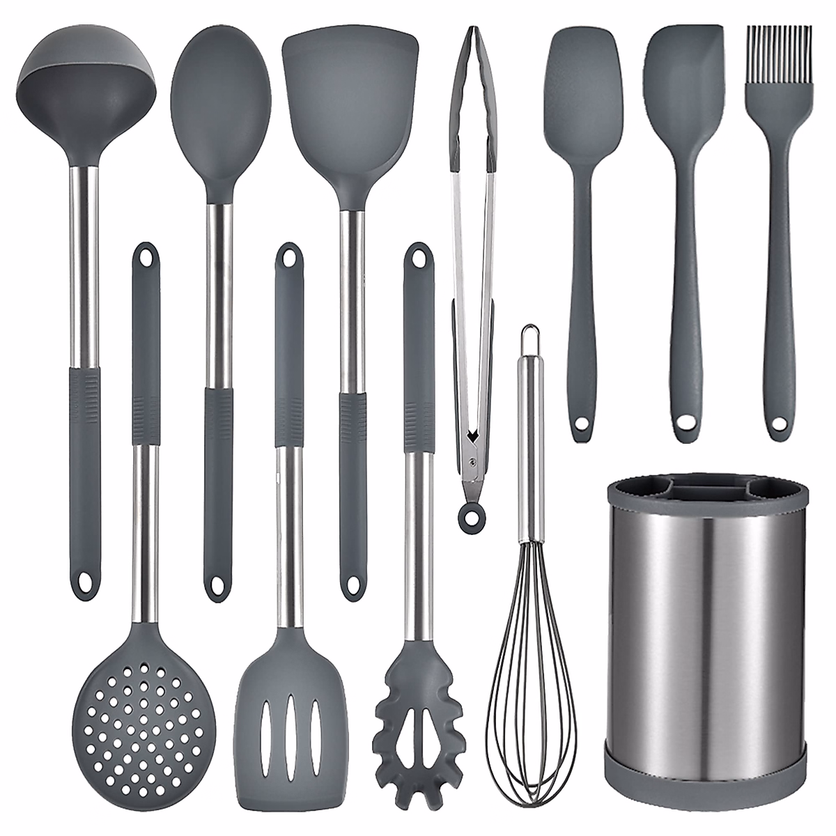 Keidason Kitchen Cooking Utensils Set, 12-piece Non-stick Silicone Kitchen Utensils Set Heat-resistant Stainless Steel Handle, BPA-Free, Cooking Tool Mixing Kitchen Tool Set (Gray)