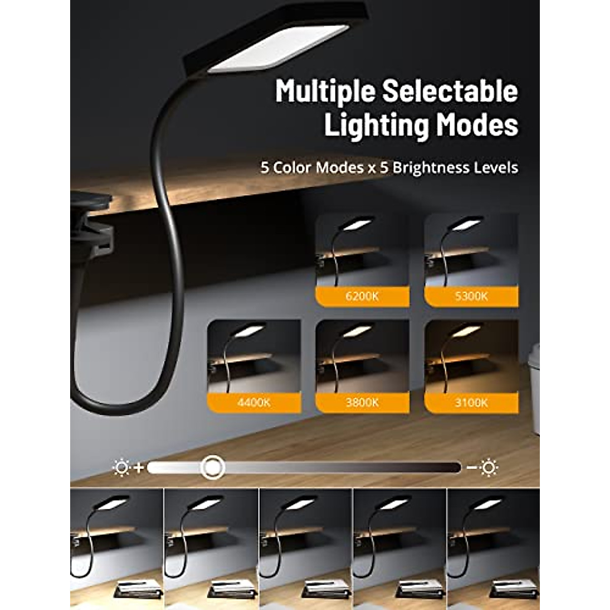 TROND Clamp Desk Lamp, Eye-Care Desk Light with USB Charging Port, 5 Color Modes 5 Level Brightness, 30-Minute Auto Timer Flexible Gooseneck Task Lamp for Sewing Reading Drawing Crafting, 11W, Black