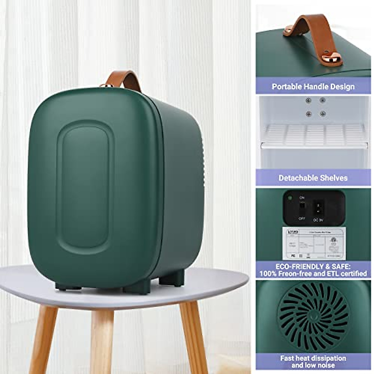 Living Enrichment Mini Fridge, 4L Skincare Fridge, Portable Small Refrigerator Cooler for Skincare, Beverage, Food, Cosmetics, Home, Bedroom, for Christmas Gift - Ever Green