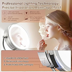 VESAUR 10" Extra Large and 17" Tall Lighted Makeup Mirror, 1X/5X Magnifying Vanity Mirror with 3 Colors Dimmable, 62 Premium LED Lights, 360° Rotation Table Mirror 2 Power Supply, Pearl Nickel