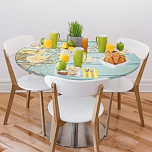 Beach Wood Texture Elastic Edge Round Tablecloth Shell Starfish Fitted Table Cover Waterproof Wipeable Round Table Cloth for Parties Outdoor Dining Table Decor Pads Size 48"(Fit for 36"-42" Table)