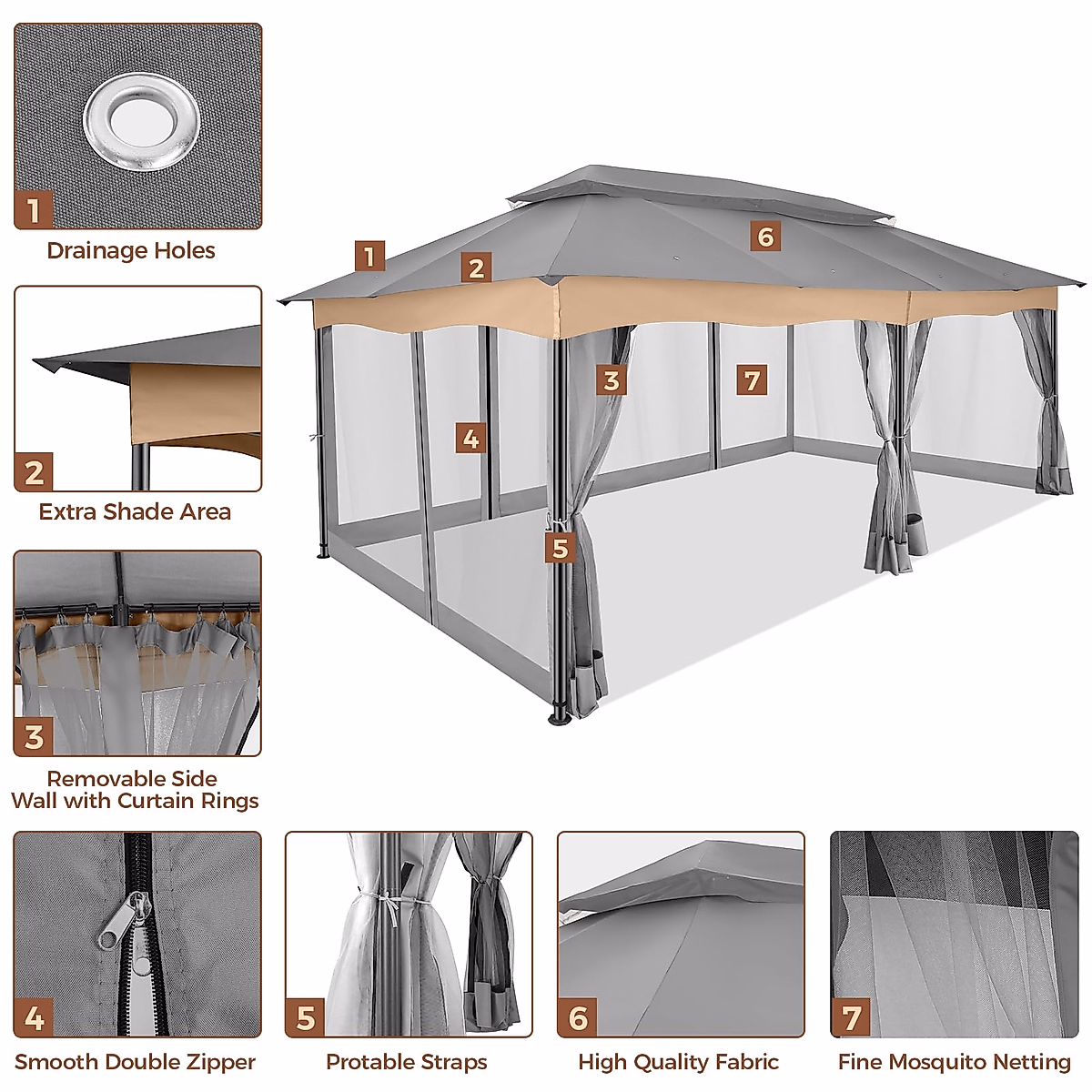 COBIZI Gazebo 10x20 Heavy Duty Patio Gazebo with Mosquito Netting Deck Gazebo with Metal Steel Frame Large Screen Gazebo Tent Waterproof with Double Roof for Backyard, Deck, Garden