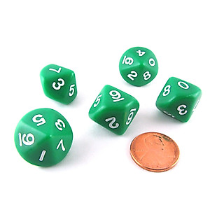 Koplow Games Set of 5 D10 10-Sided 20mm Opaque RPG Dice - Green with White Numbers