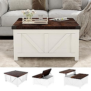 jimeimen Farmhouse Lift Top Coffee Table with Storage, Wood Square Center Table with Charging Station&USB Ports, Living Room Central Table w/Large Hidden Space, for Living Room, Bedroom, Home Office