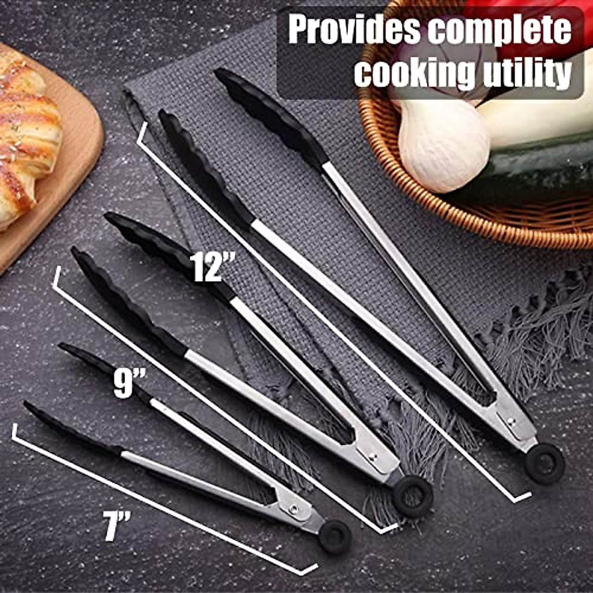 Kitchen Tongs, Set of 3 Silicone Tongs for Cooking, Stainless Steel Metal Food Tongs with Non-Stick Silicone Tips, for Food Grill, Salad, BBQ, Frying, Serving (7",9",12")