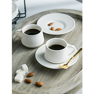 YHOSSEUN Espresso Cups and Saucers with Metal Stand, Porcelain Demitasse Cups Set for Espresso, Latte, Cafe Mocha, Cappuccino and Tea, 3 Ounce, Set of 6, White