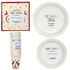 Merry Christmas Reindeer Party Supplies Tableware Set 24 9" Dinner Plates 24 7" Plate 24 9 Oz Cups 24 Lunch Napkin for Holiday Xmas Red & Gold Reindeers Tree Disposable Paper Dinnerware Decorations