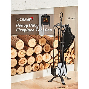 Lichamp Fireplace Tools Set, 5-Pieces Indoor Outdoor Sturdy Fire Place Poker Sets with Retro Handle and Heat Resistant Leather Gloves, FTS55BK