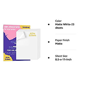 Premium Printable Vinyl Sticker Paper for Inkjet Printer - 25 Matte White Waterproof Decal Paper Sheets - Dries Quickly and Holds Ink Beautifully