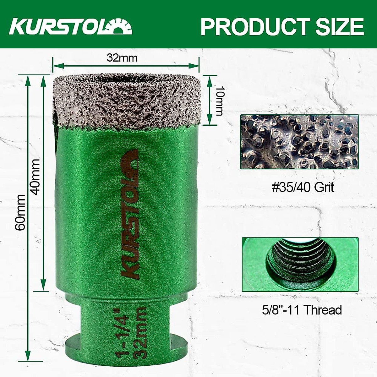 KURSTOL Diamond Core Drill Bits - 1-1/4 Inch with 58-11 Thread Dry Tile Hole Saws for Dry Drilling Porcelain Ceramic Tile Granite Marble Stone Vacuum Brazed Diamond Drill Bit 32mm