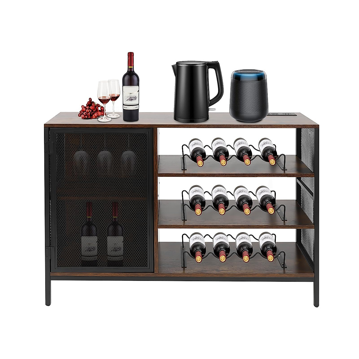 DDBESSIC Wine Bar Cabinet, Retro Wine Bar Rack Cabinet with 3 Detachable Wine Racks Industrial Coffee Bar Cabinet for Liquor and Glasses Buffet Cabinet
