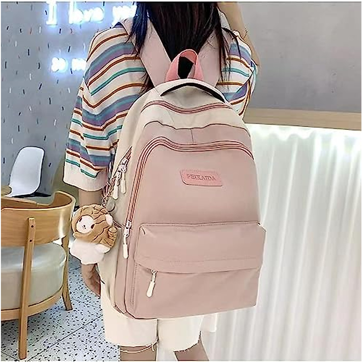 Aesthetic Backpack Cute Kawaii Backpack with Pendant 15.6 Inch College Cute Bookbag Laptop Bag Preppy Backpack (Pink,One Size)