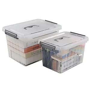 Easymanie 2 Pack Storage Bin with Handle, Plastic Lidded Storage Box, 6 Quart & 12 Quart, F