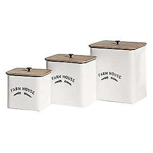 Deco 79 Metal Text Farm House Canisters with Wood Lids, Set of 3 11", 9", 7"H, White