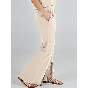 Caracilia Women's Linen Palazzo Pants Summer Beach Boho Wide Leg High Waist Front Split Elastic Waisted Trousers Casual Loose Flowy Pant with Pocket Beige C128A0-mise-S
