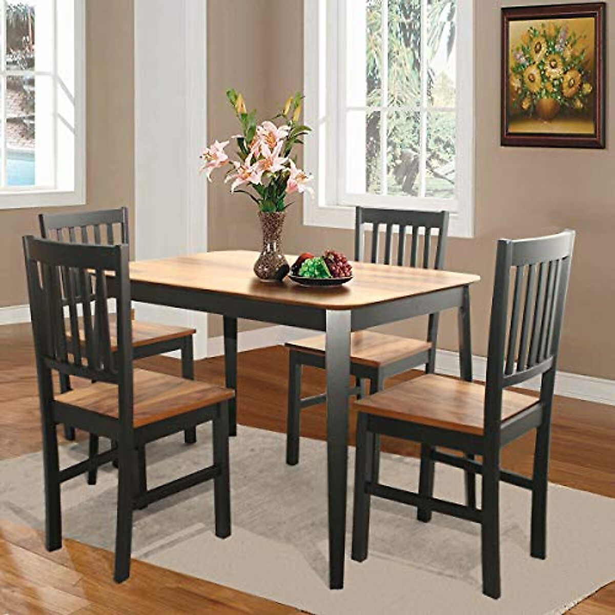 COSTWAY Set of 4 Dining Chairs, Dining Room Side Chair with Slat Back, Rubber Wood Legs Armless Chair with Black Base and Walnut Seat Ideal for Home, Kitchen, Dining Room
