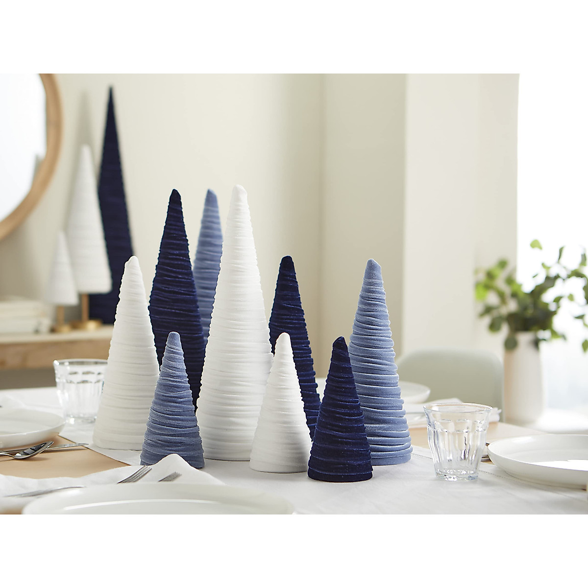 Navy Velvet Cones Set of 3, Mantel decor Holiday Entryway, Minimalist decor, Blue Christmas, Tree Figurines (Navy)