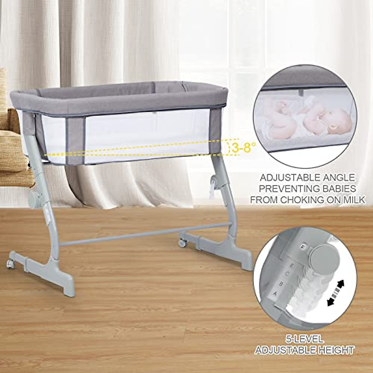 RONIPIC Baby Bassinet, Height & Angle Adjustable Bedside Sleeper, Bedside Crib with Mattress & Storage Bag, Easy Folding Portable Crib Infant Baby Bed, Grey