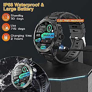 BASICF Military Smart Watches for Men (Answer/Make Call), 1.52" HD Outdoor Sports Smartwatch IP68 Waterproof Fitness Tracker 100+ Sports Modes with Heart Rate, Blood Oxygen Monitor for iOS Android