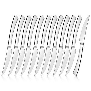 E-far Serrated Steak Knives Set of 12, Stainless Steel Dinner Knife for Home Kitchen Restaurant, 9 Inch Table Knife with Ergonomic Handle and Sharp Tip & Blade, Mirror Silver & Dishwasher Safe