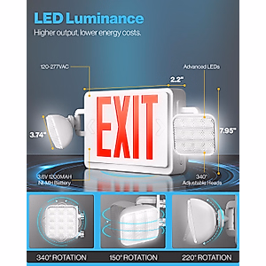 Sunco Red Exit Signs With Emergency Lights, Two Adjustable Square LED Lights, 94V-0 Fire Resistant, Backup Battery, 120-277V, Wall Or Ceiling Mount, Commercial Grade Double Sided UL 2 Pack