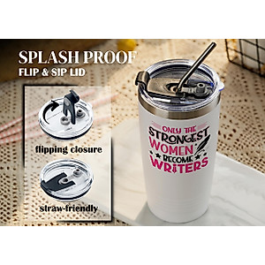 Onebttl Writer Gifts for Women - 20oz/590ml Stainless Steel Insulated Tumbler with Straw - Graduation/Birthday/Christmas Gift for Writers, Novelist, Scriptwriter - Strongest, White